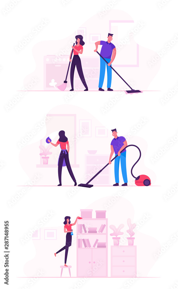 Couple in Household Housekeeping Activity. Everyday Routine of Home ...