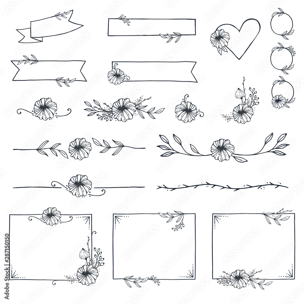 Hand Drawn Vintage Style Floral Doodle Frames Borders Banners Black and ...