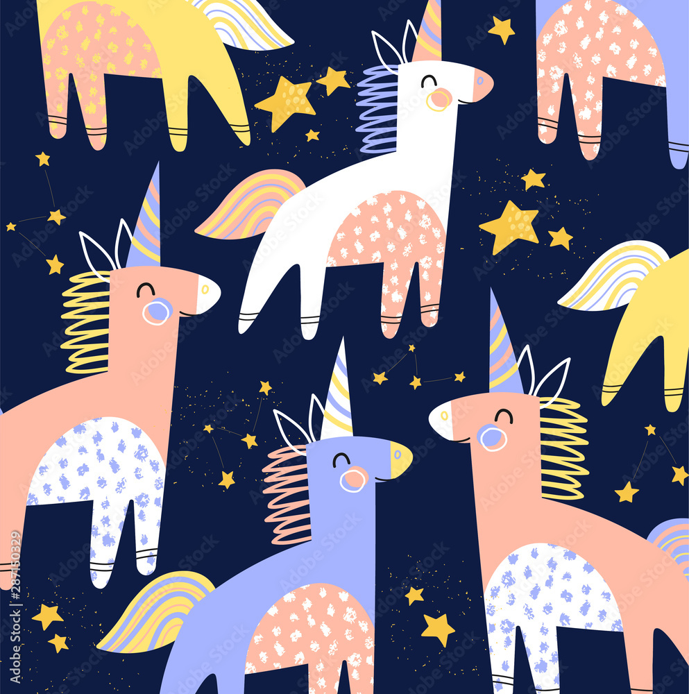 Colorful kids vector pattern of cartoon unicorns with horns and ...