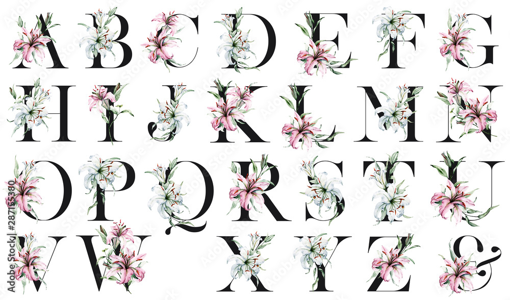 Floral alphabet set, letters with watercolor flowers lilies and leaf ...