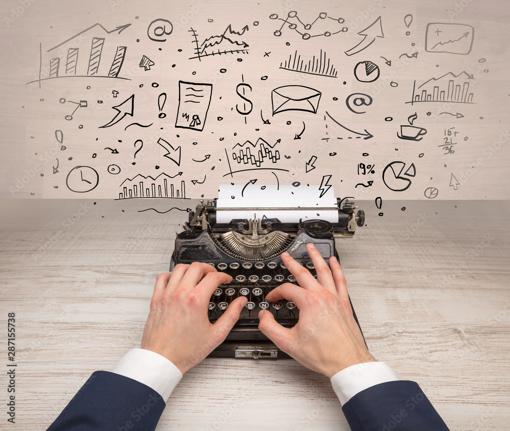 Typewriter with doodles, idea, message, plane, car balloon social media ...