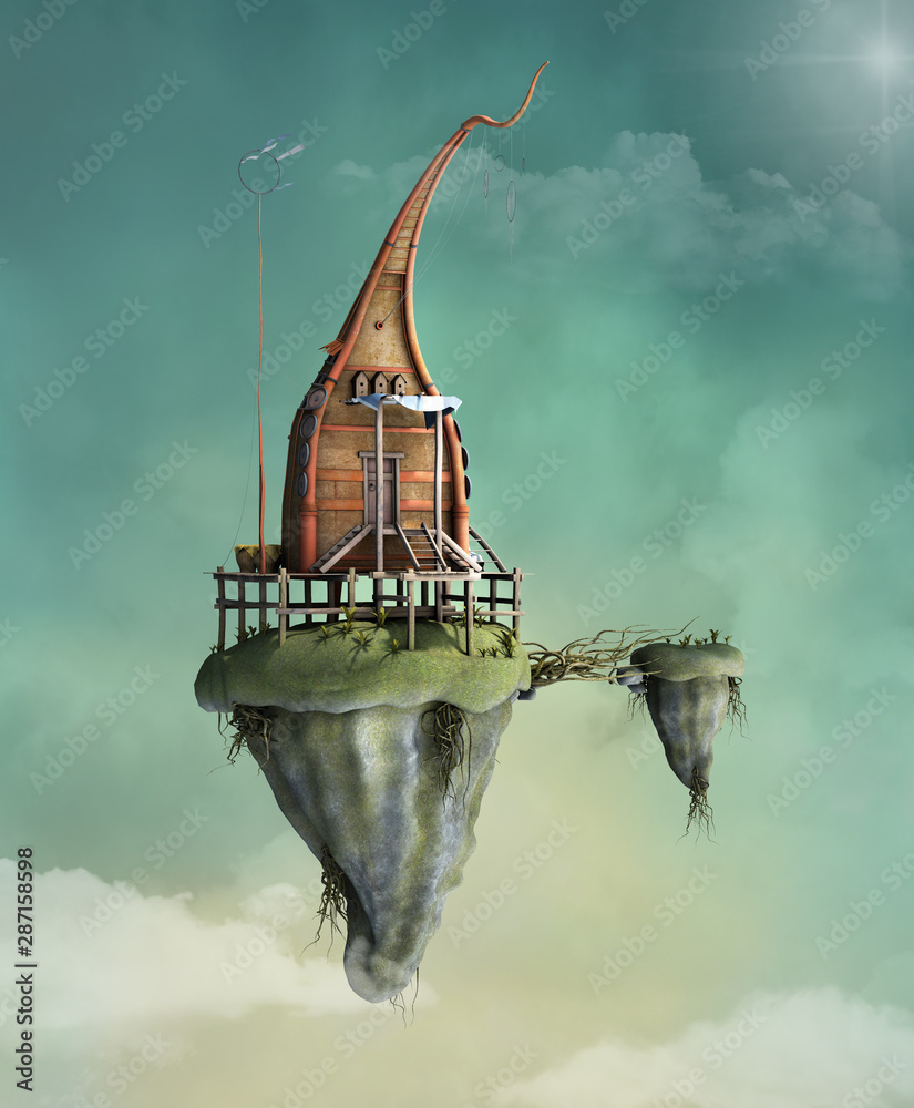 Fantasy flying house in the cloudy sky - 3D illustration Stock ...