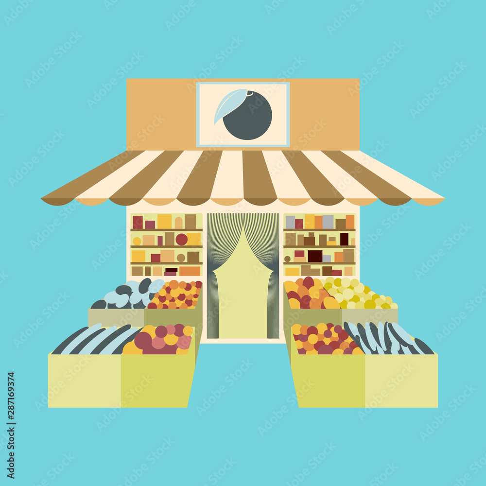 Local fruit and vegetables store building. Groceries crates in front of ...