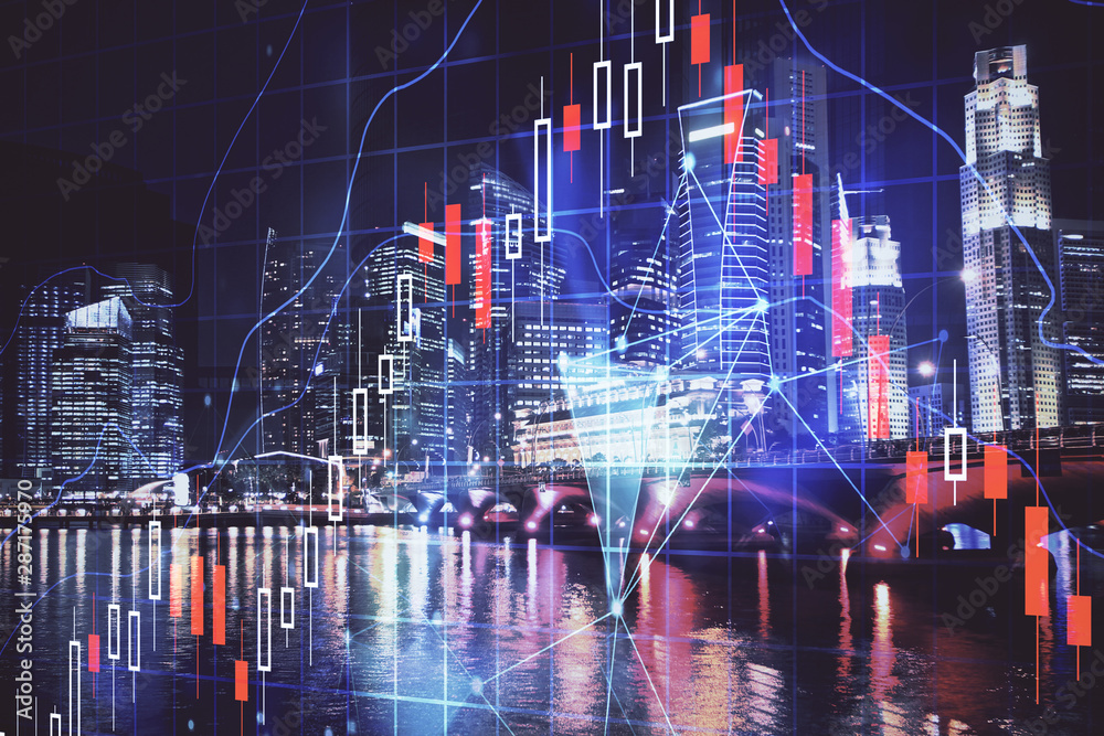 Financial chart on city scape with tall buildings background multi ...