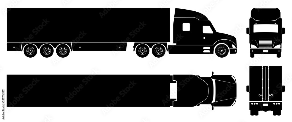 Semi trailer truck silhouette on white background. Vehicle icons set ...