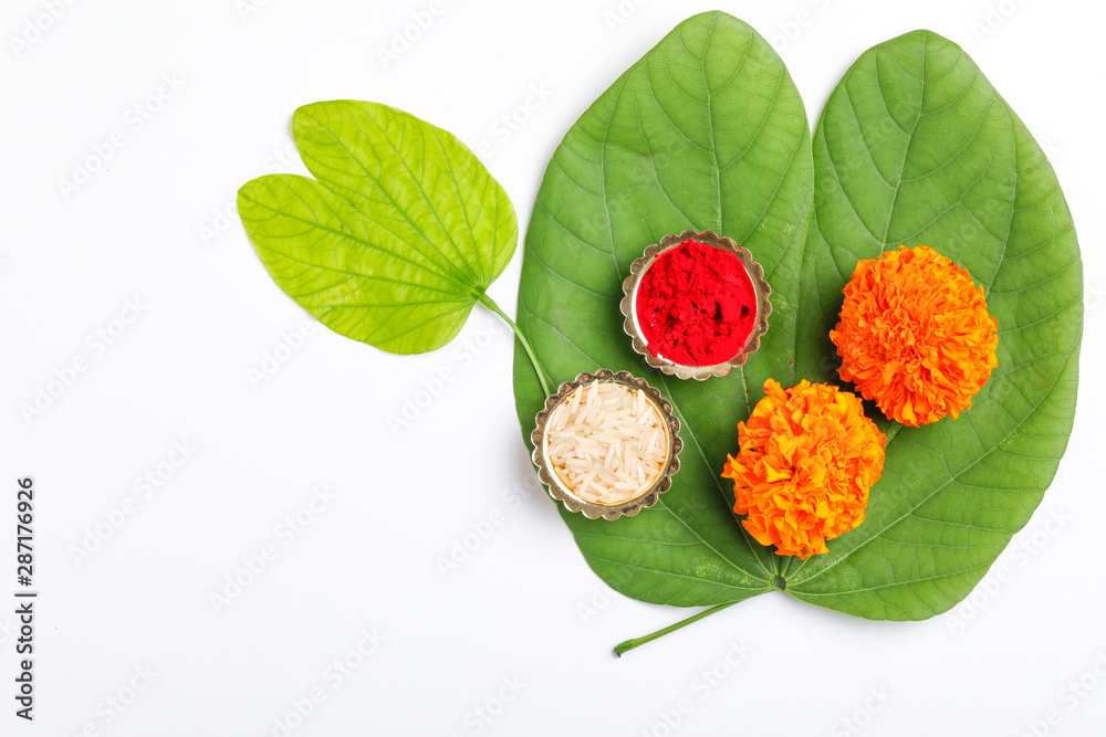 Happy Dussehra greeting card , green leaf, Rice and kumkum Stock Photo ...