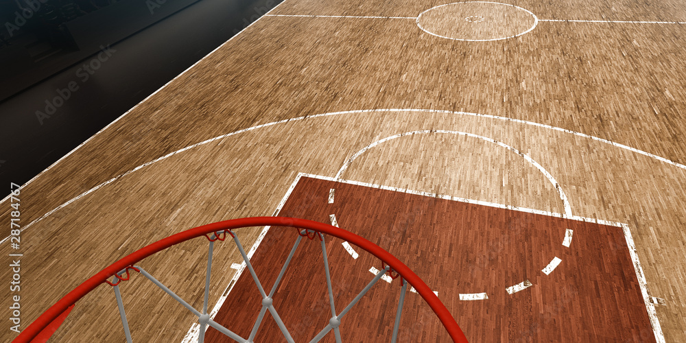 Professional basketball court. High angle view from the basketball rim ...