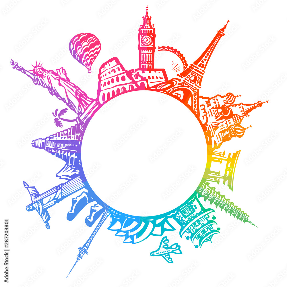 Famous world landmarks located around the globe isolated on white ...