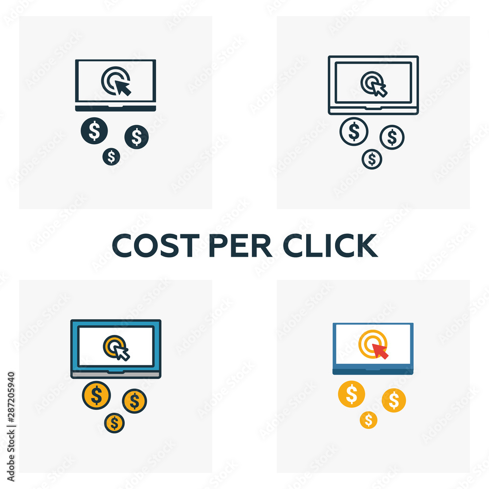 Cost Per Click icon set. Four elements in diferent styles from content ...