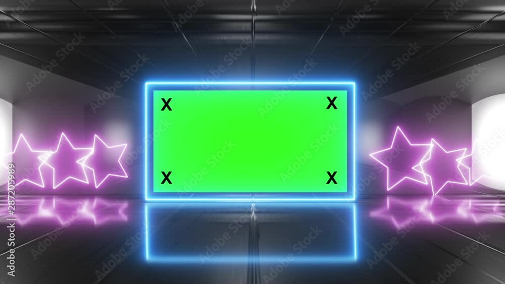 Futuristic blank, neon green screen billboard, border, frame on ...