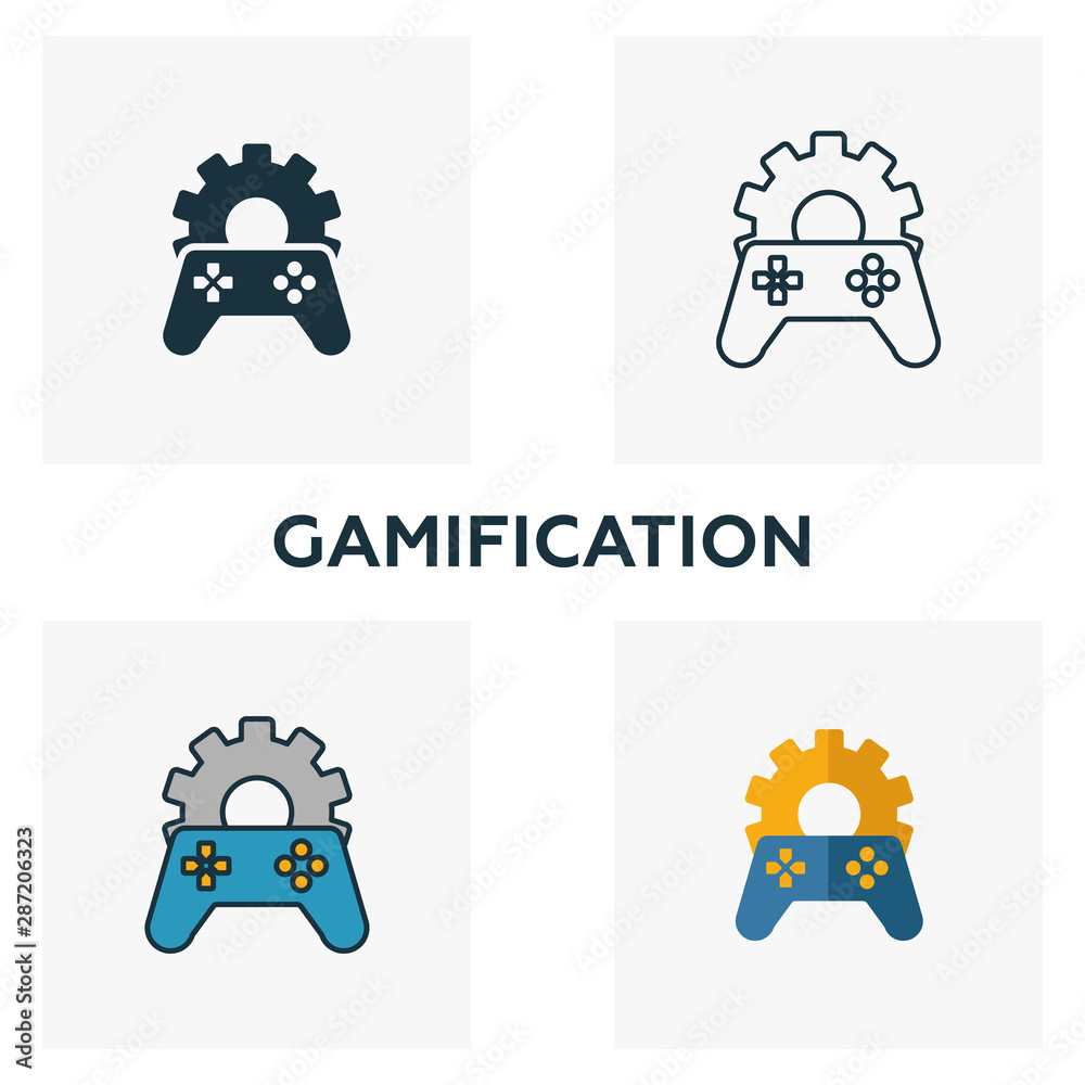 Gamification icon set. Four elements in diferent styles from content ...