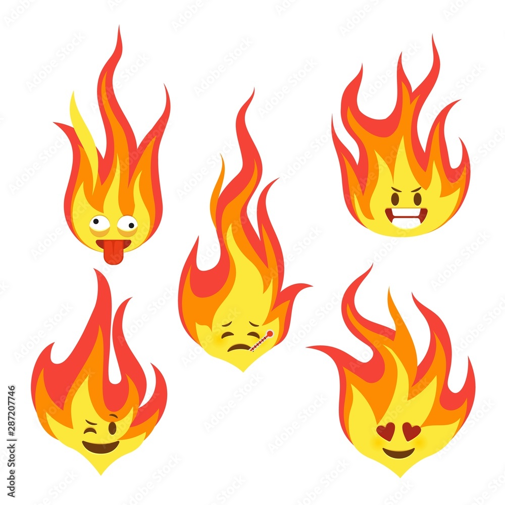 Fire character icons. Hot flame cute emoji with angry and smiles happy ...