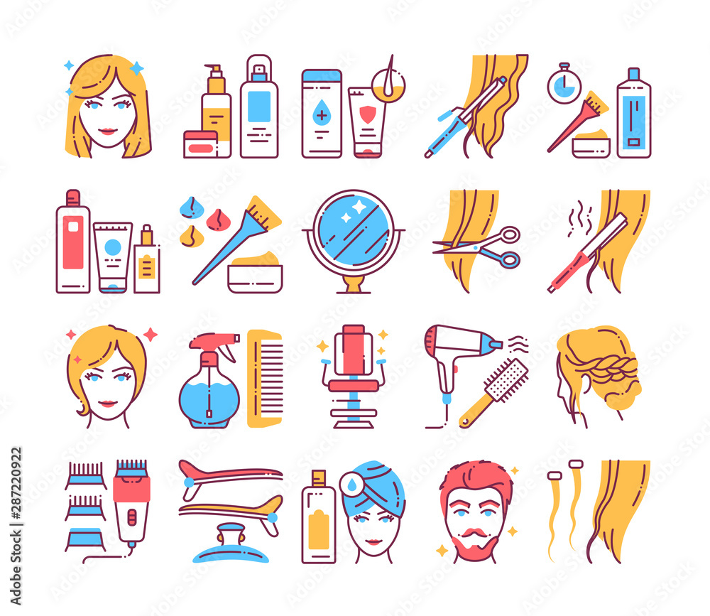 Hairdresser service color line icons set. Professional hair styling ...