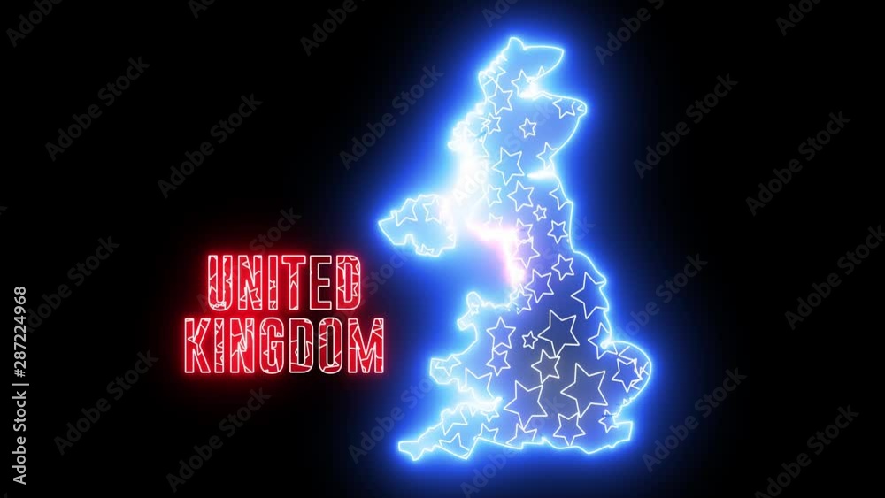 Creative neon map of United Kingdom continent. Shiny glowing outline of ...