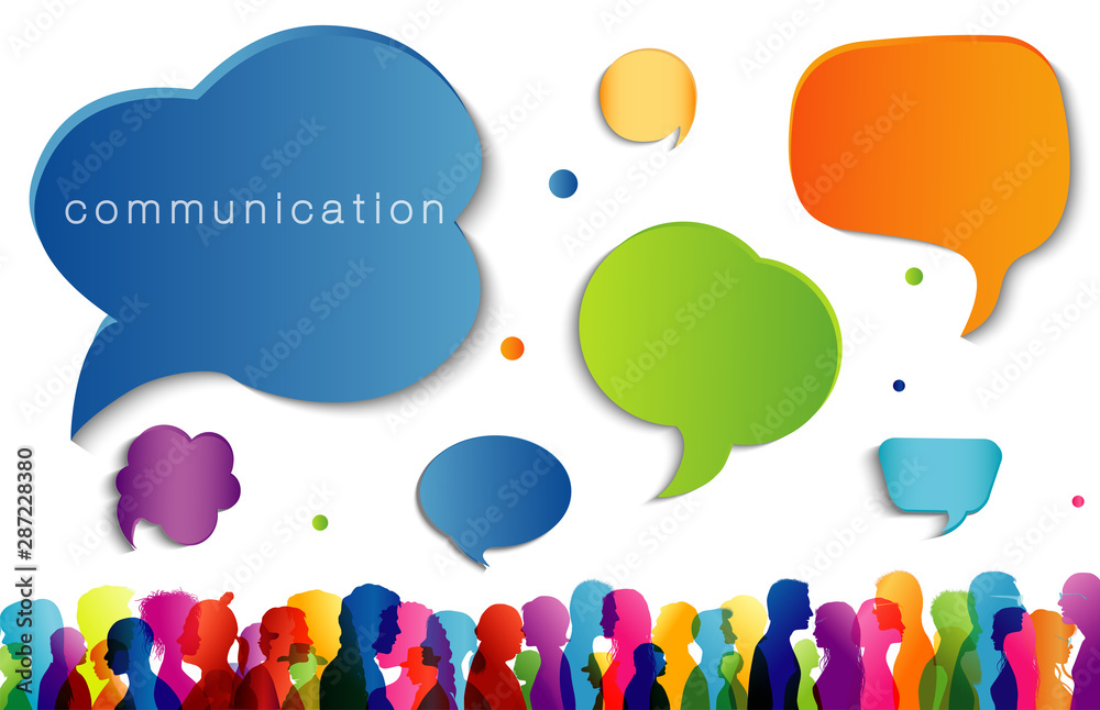 Large isolated group people in profile talking silhouette. Speech ...