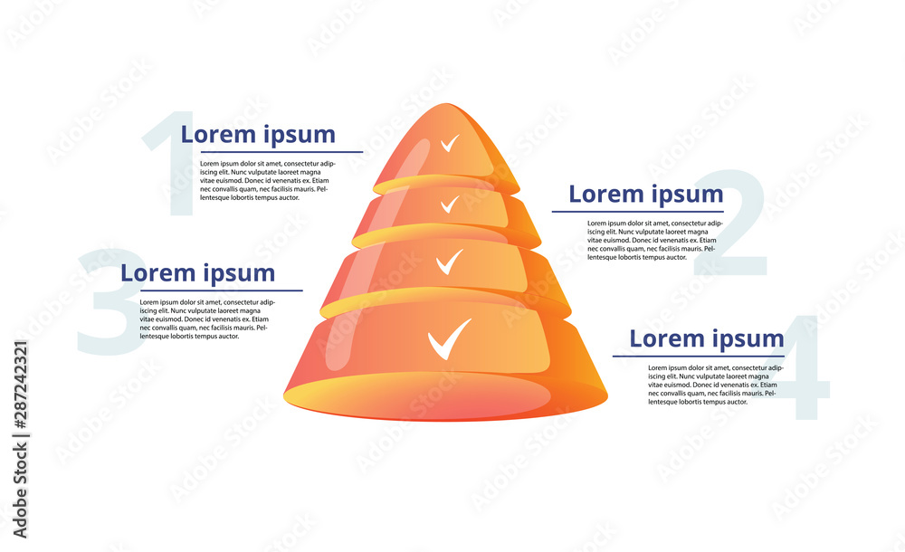 Pyramid 4 step process chart infographics with option circles. Funnel ...