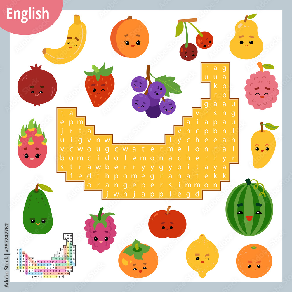 Word search puzzle. Cartoon set of fruits and berries. Education game ...