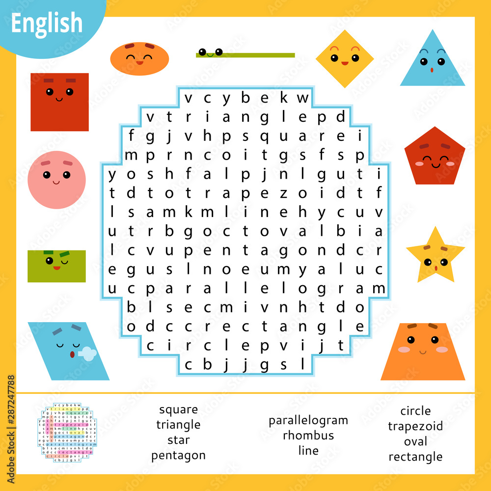 Word search puzzle. Cartoon set of geometric shapes. Education game for ...