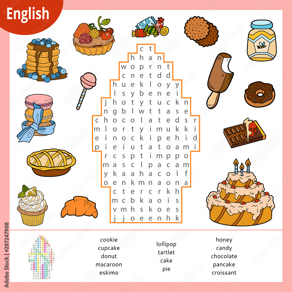 Word search puzzle. Cartoon set of sweets. Education game for children ...