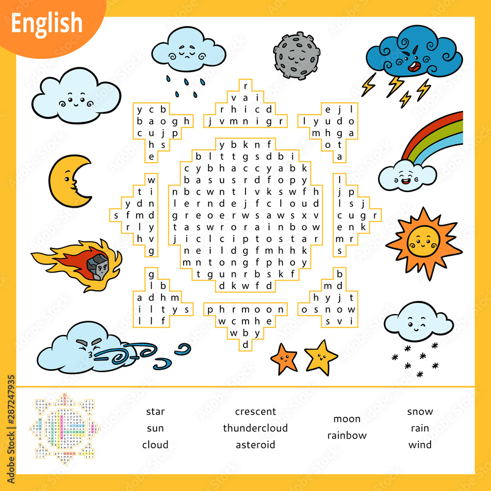Word search puzzle. Cartoon weather items. Education game for children ...