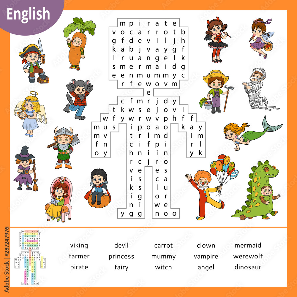 Word search puzzle. Cartoon Halloween characters. Education game for ...