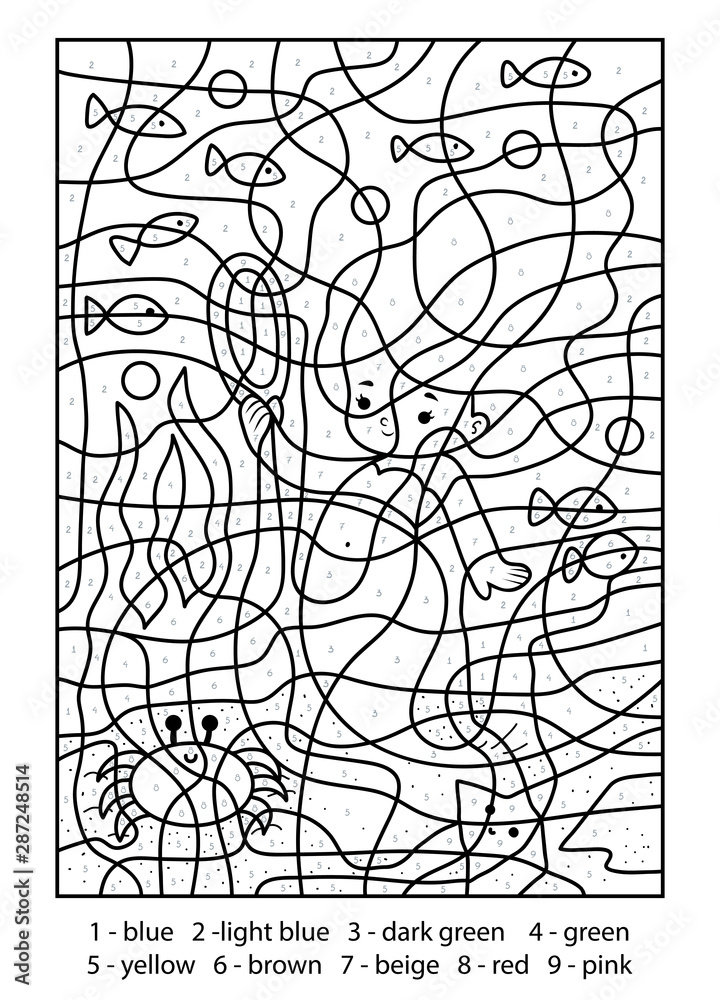 Color by number. Fairy tales. Little Mermaid and a mirror Stock Vector ...