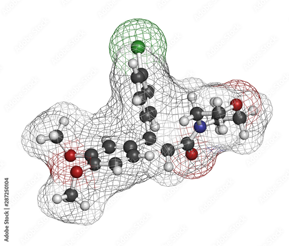 Dimethomorph fungicide molecule. 3D rendering. Atoms are represented as ...