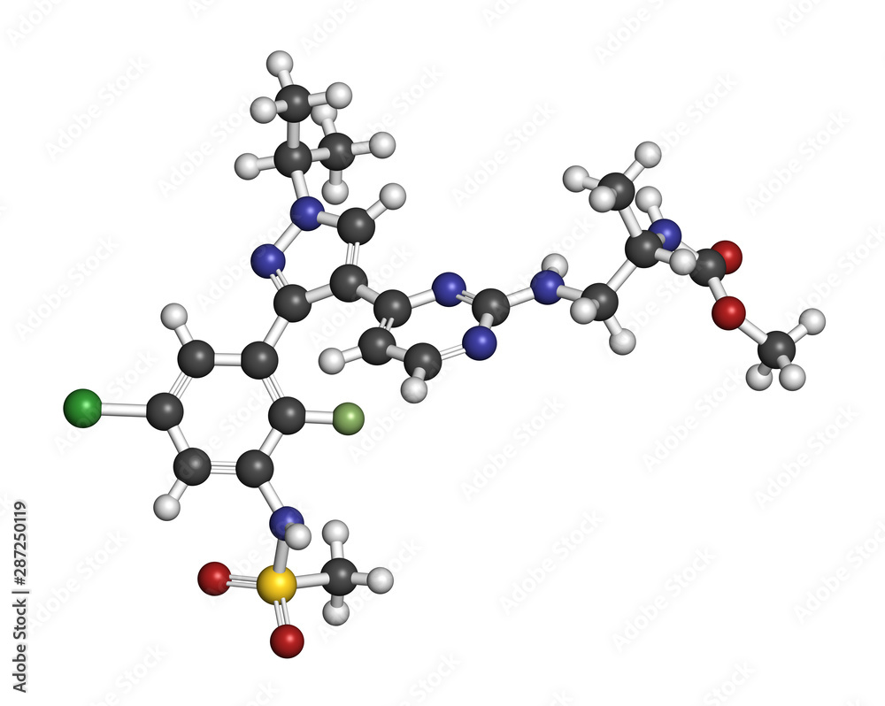 Encorafenib melanoma drug molecule. 3D rendering. Atoms are represented ...