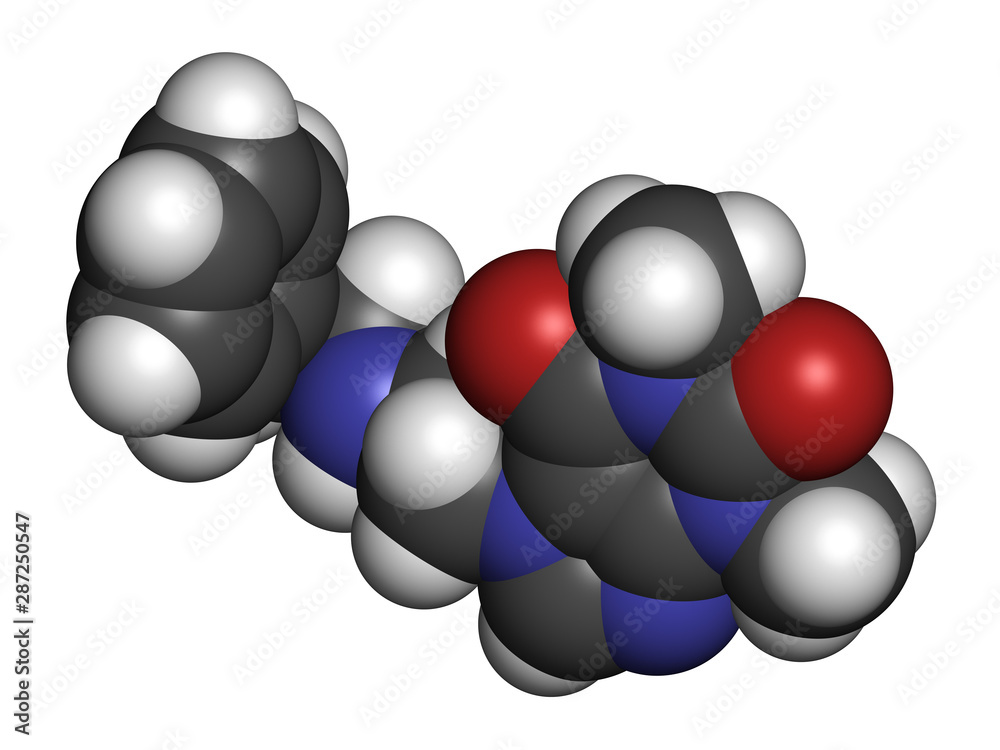 Fenetylline (fenethylline) stimulant drug molecule. 3D rendering. Atoms ...