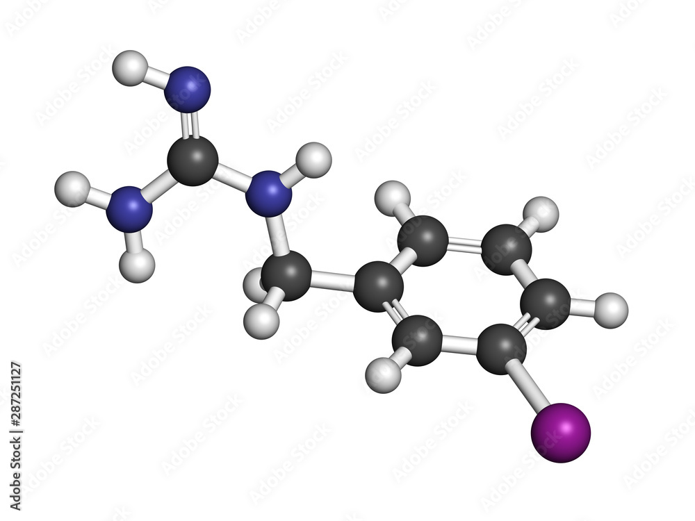 Iobenguane I-131 cancer drug molecule (radiopharmaceutical). 3D ...
