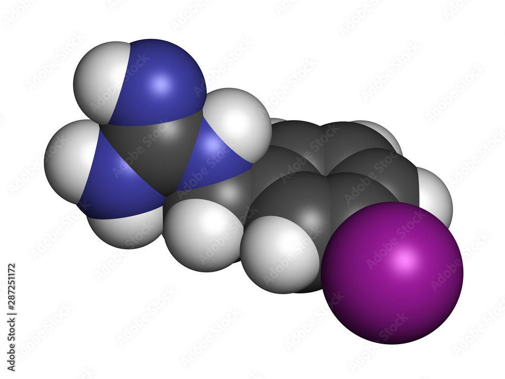 Iobenguane I-131 cancer drug molecule (radiopharmaceutical). 3D ...