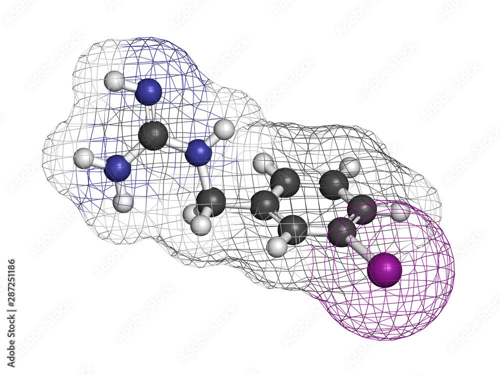 Iobenguane I-131 cancer drug molecule (radiopharmaceutical). 3D ...