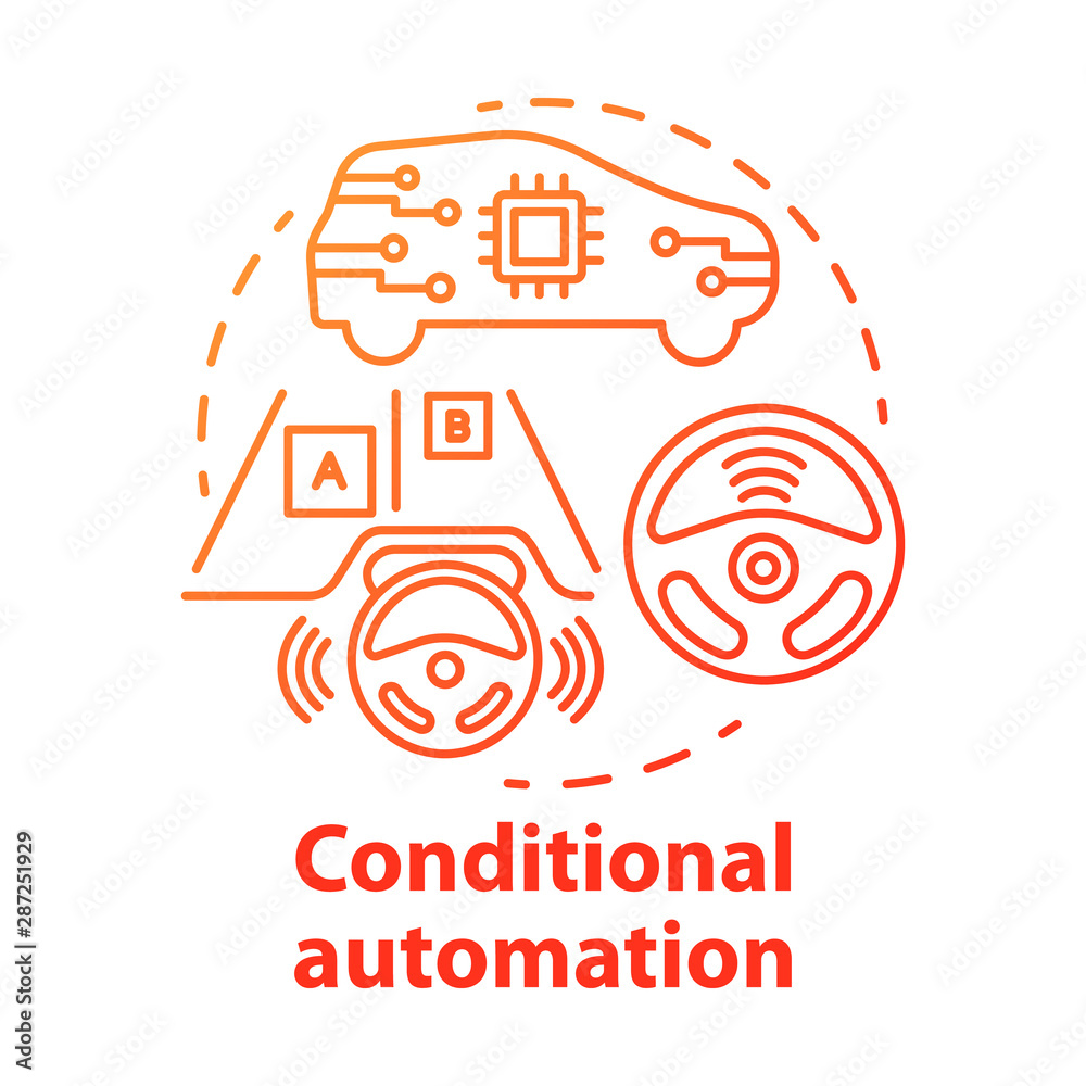 Conditional automation concept icon. Adaptive cruise control. Car with ...