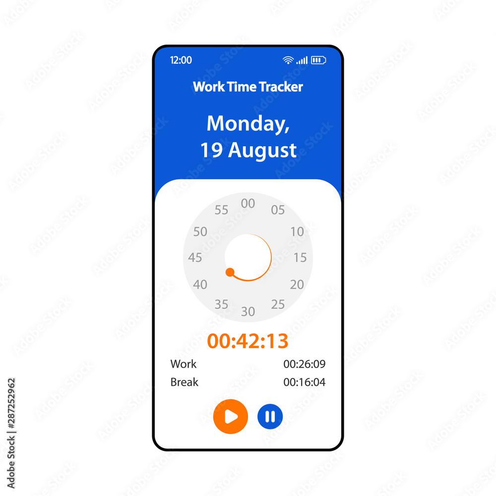 Work time tracker smartphone interface vector template. Mobile working ...
