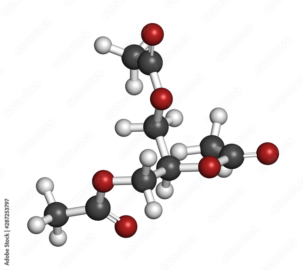 Triacetin (glycerin triacetate) molecule. 3D rendering. Atoms are ...