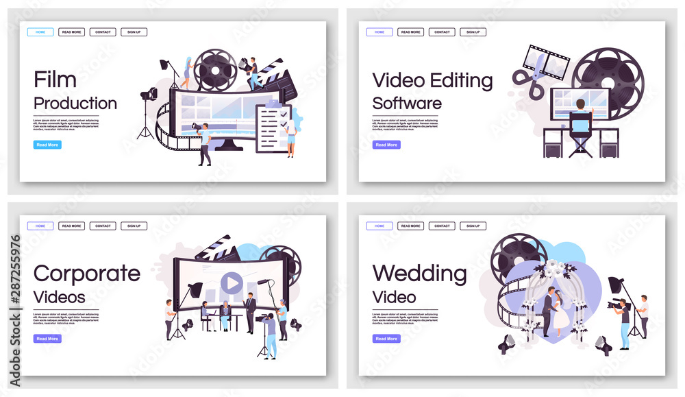 Film and video production landing page vector templates set. Event ...