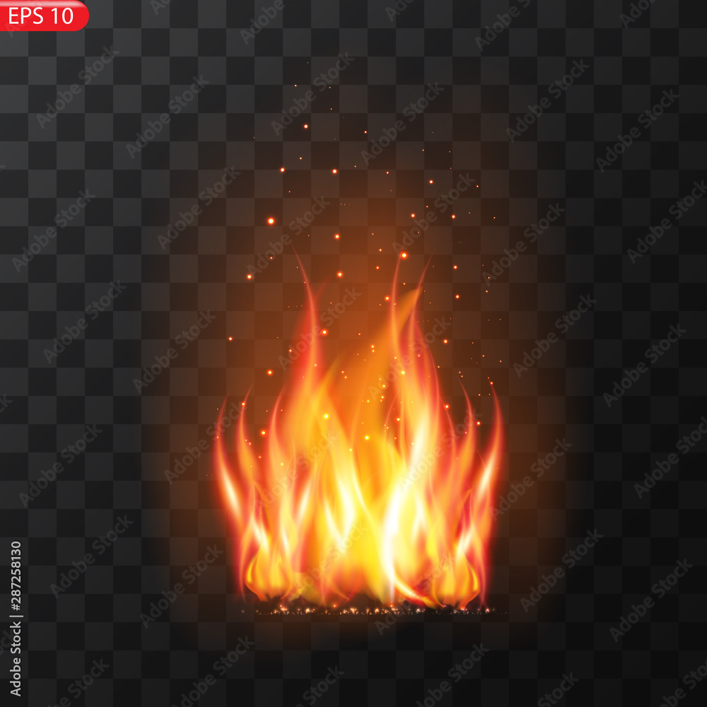 Realistic burning fire flames vector effect with transparency for ...