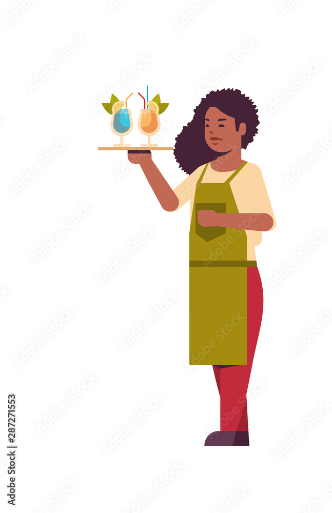 Professional Waitress Holding Serving Tray With Cocktails African