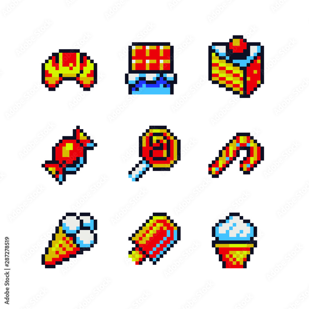Tiny pixel art sweets icons, croissant, chocolate, cake, candy, ice ...