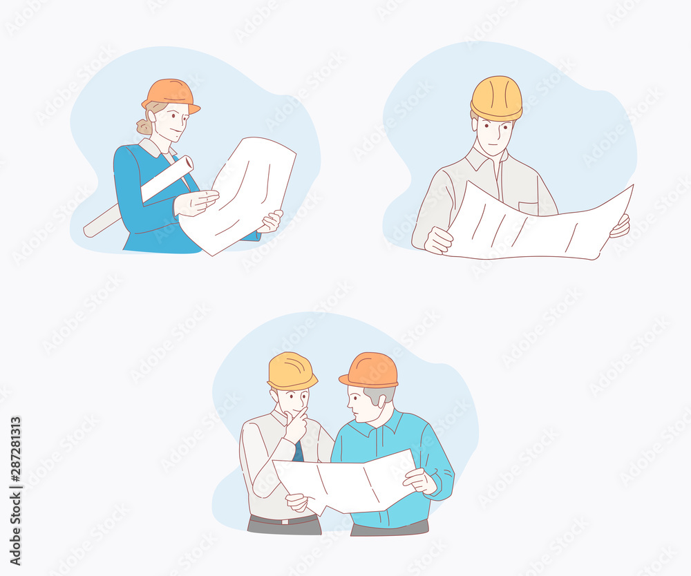 set of Engineers team watching and checking details on a construction ...