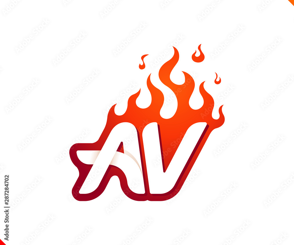 Uppercase initial logo letter AV with blazing flame silhouette, simple ...