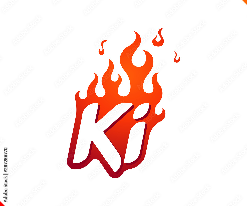 Uppercase initial logo letter KI with blazing flame silhouette, simple ...