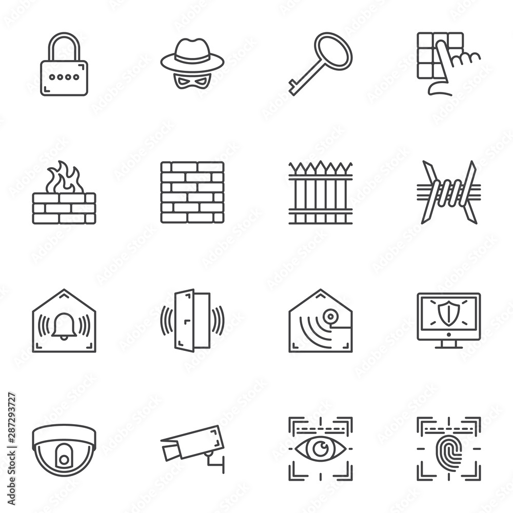 Home security system line icons set. linear style symbols collection ...