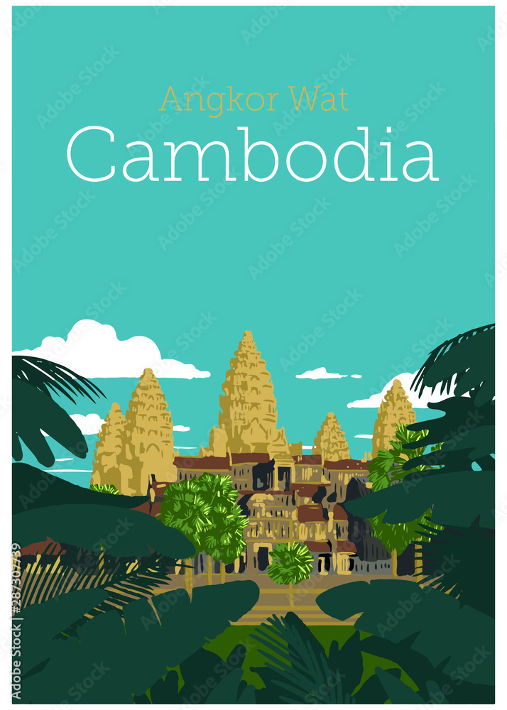 Famous Landmark of Cambodia, Angkor Wat. Vector illustration. Siem Reap ...