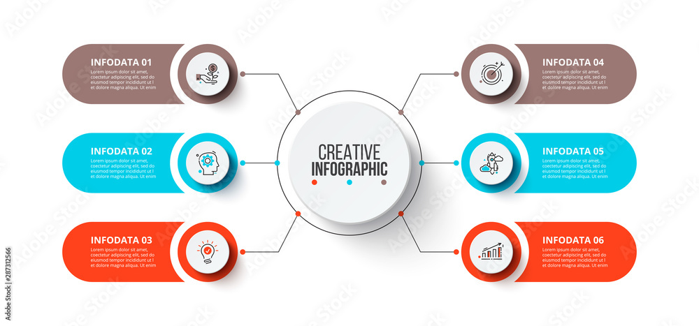 Flow chart with main circle and 6 abstract elements. Modern infographic ...