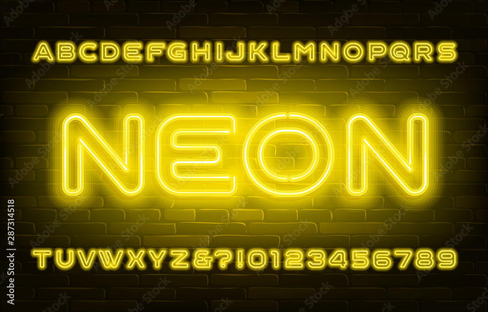 Yellow neon alphabet font. Bright light bubble letters and numbers on ...