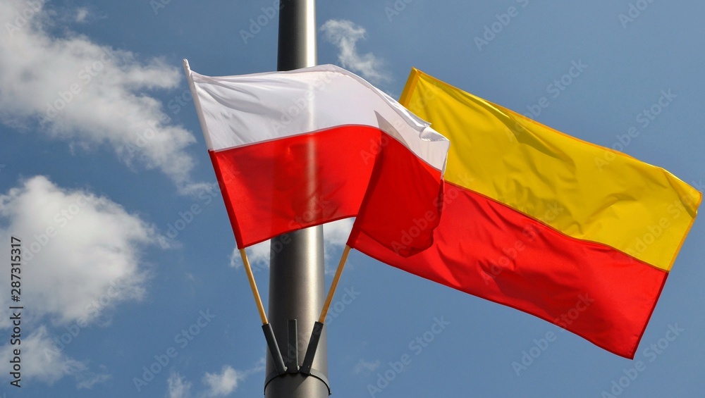 Flag of Warsaw (horizontal bands: yellow and red ) and Flag of Poland ...