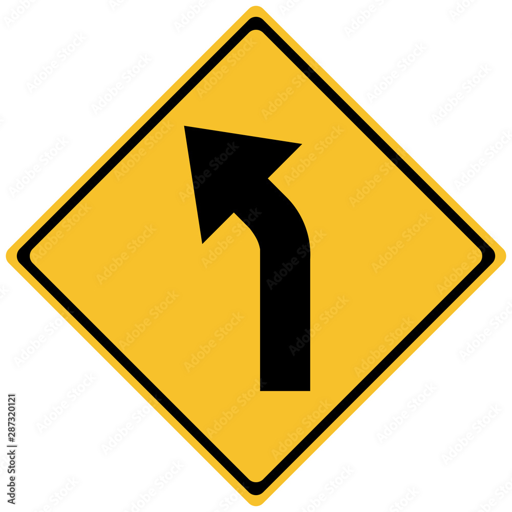 Warning road traffic sign - Left curve arrow on diamond sign Stock ...