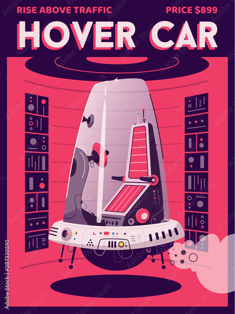 Hover car flat vector poster template. Vector cartoon illustration ...