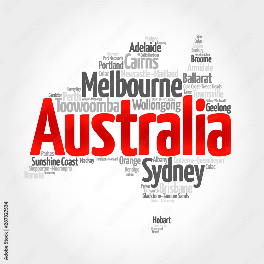 List of cities and towns in Australia, silhouette map word cloud ...
